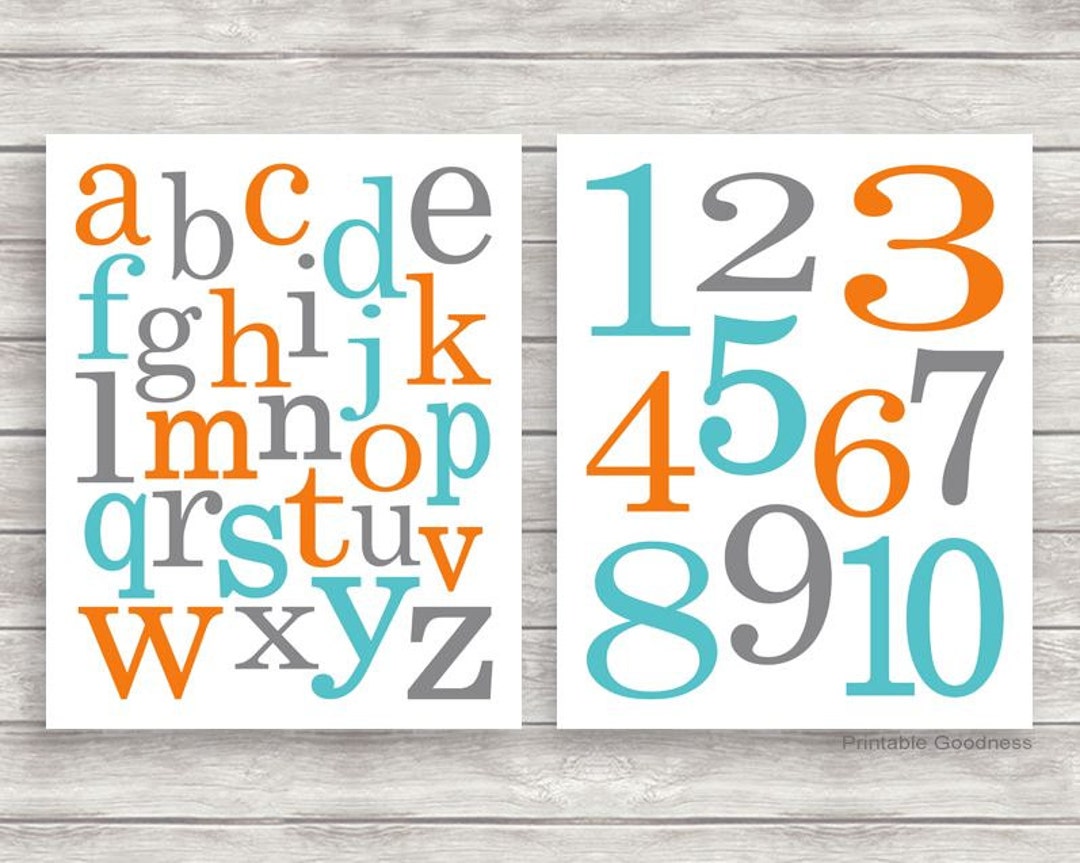 Baby Boy Room Decor, Teal Orange and Grey Printable Alphabet and ...