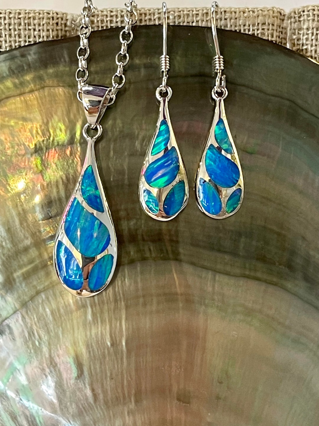 Opal Inlay Silver Rain Drop Pendant Necklace and Earrings - Etsy