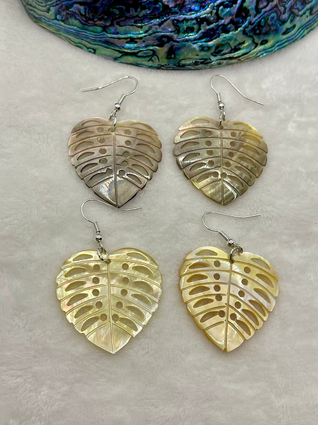 Monstera Earrings Carved Tahitian Pearl Shell Sterling Silver - Etsy