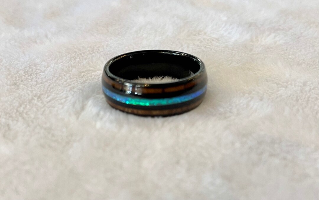 Black Tungsten Koa Wood and Teal Glass Inlay - Etsy