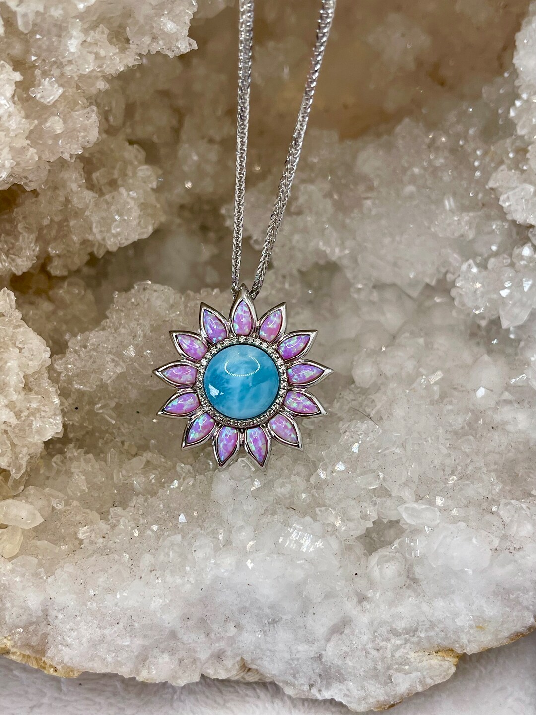 Sunflower Pendant With Larimar, Pink Opal and White Sapphires - Etsy