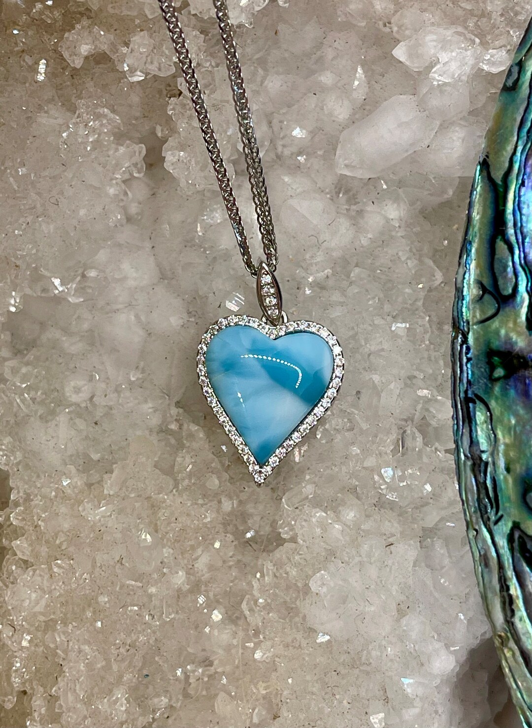 Beautiful Heart Pendant With Sky Blue Larimar Surrounded by White ...