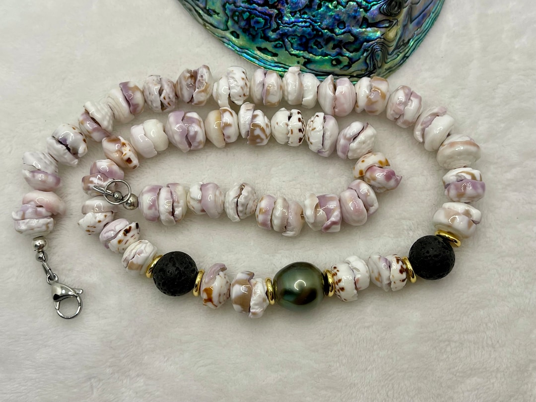Large Puka Shell Authentic Hawaiian Tahitian Black Pearl and Lava ...