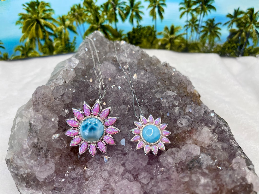 Sunflower Pendant With Larimar, Pink Opal and White Sapphires - Etsy