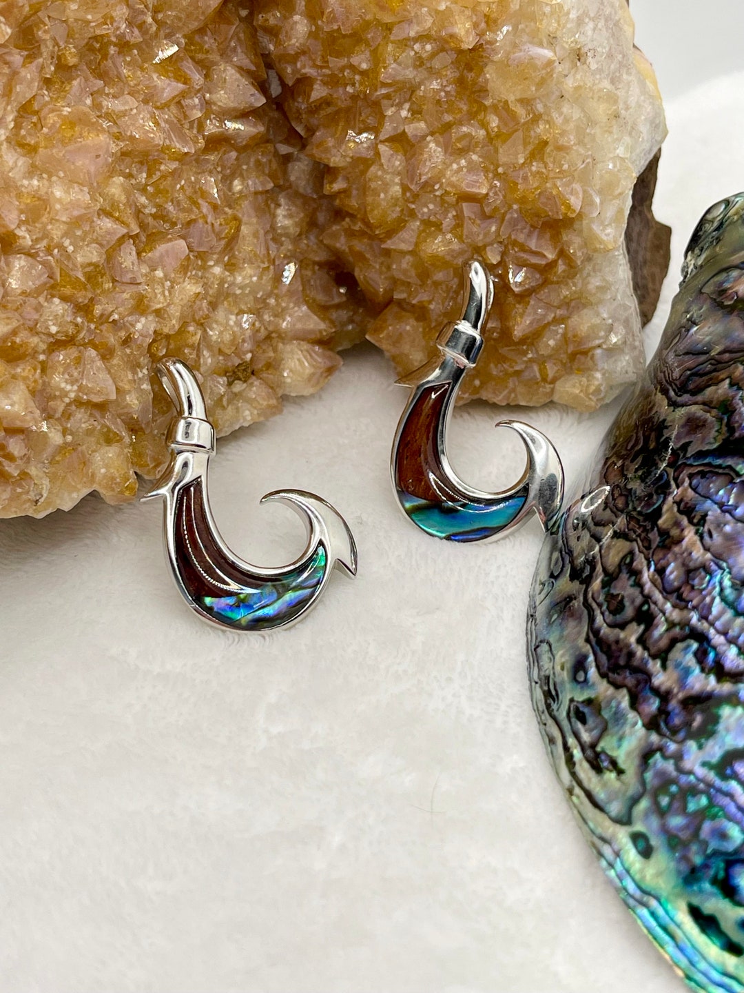 Hawaiian Hook Maui Hook Koa Wood and Abalone in Sterling Silver Pendant ...