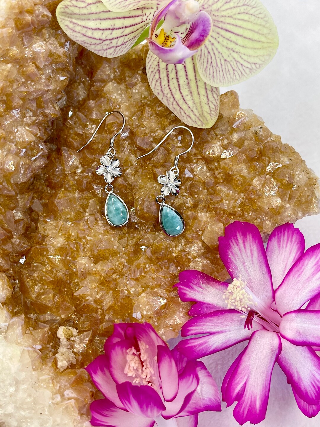 Plumeria Hawaiian Flower Earrings Larimar Gemstone in Sterling Silver ...