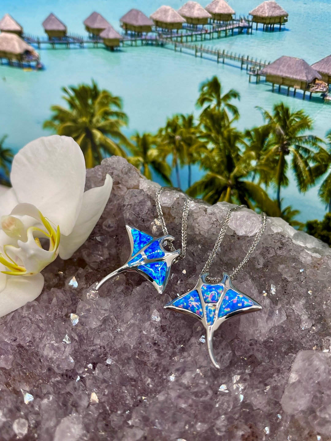 Hawaiian Manta Ray Pendant in Opal and Sterling Silver Blue/green Flash ...