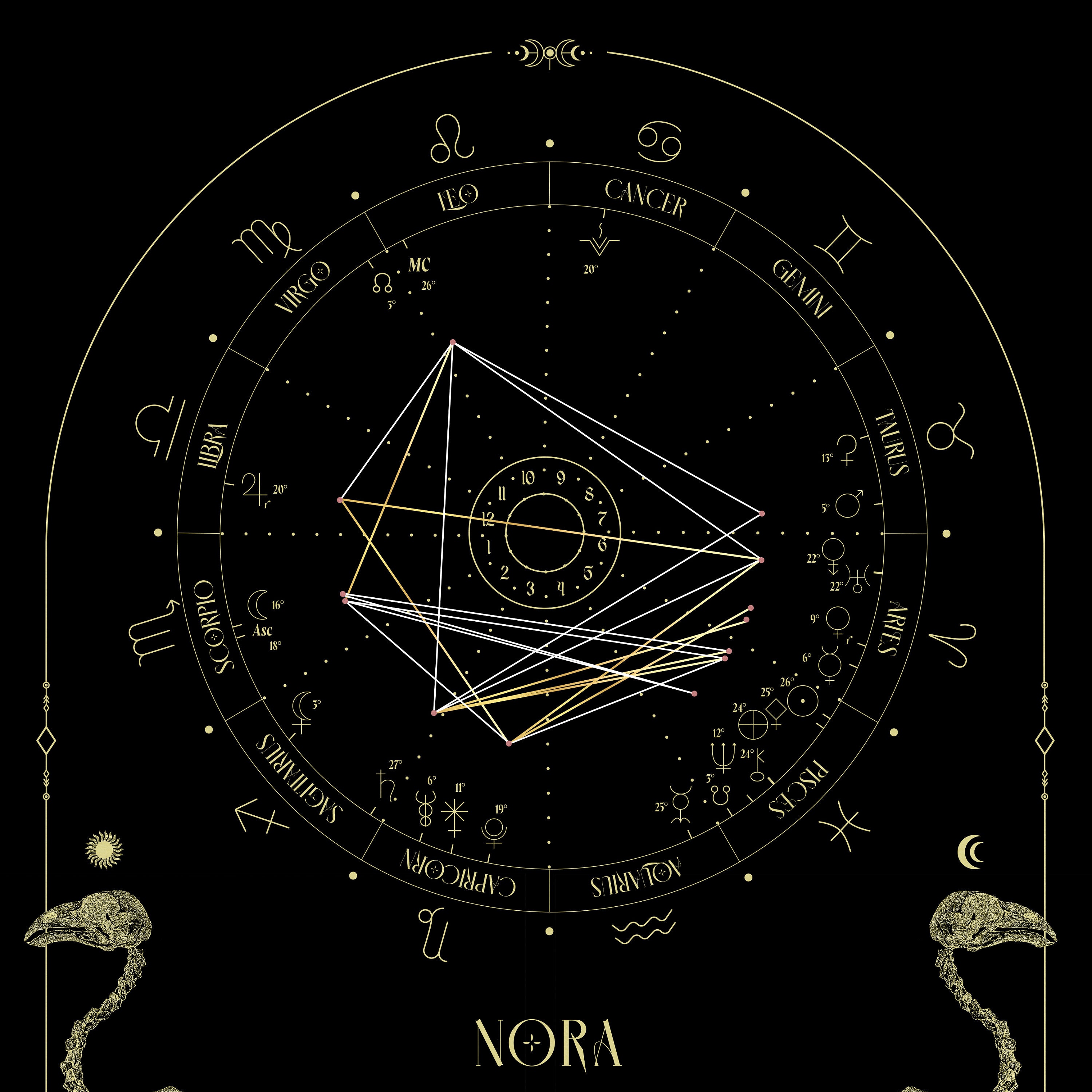 Natal Chart Design Black Bird Skeleton Bone Series Birth Chart Drawing Personalized