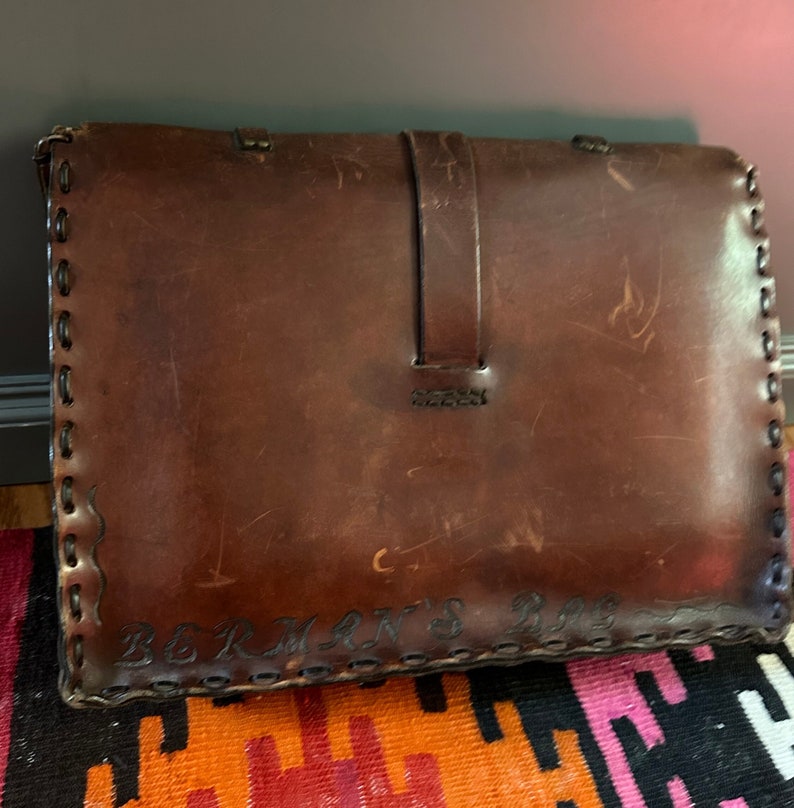 Vintage Saddle Leather Mens Briefcase BERMANS BAG Old Rare Sturdy 18x13 ...