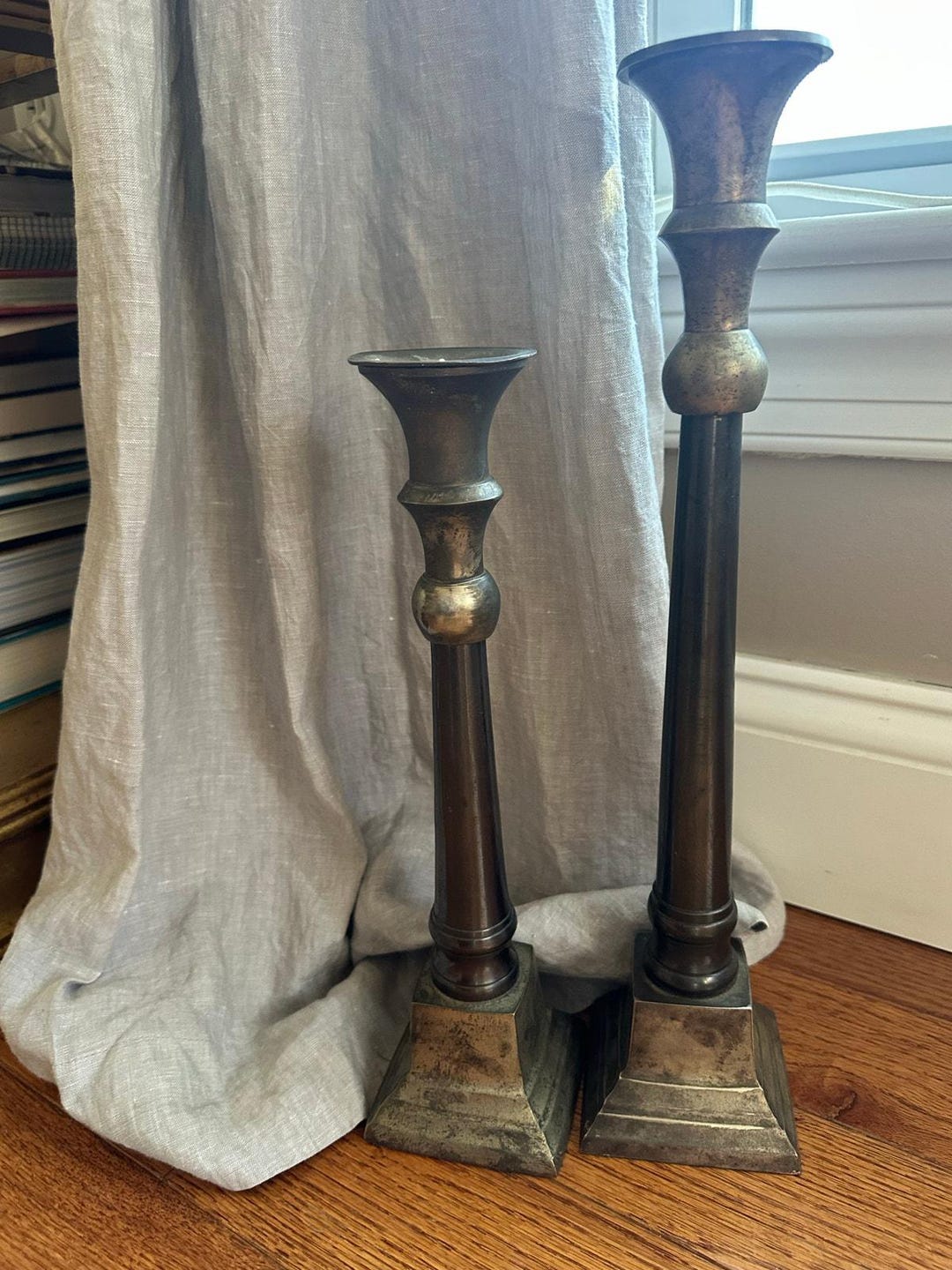 2 Metal Pillar Candlesticks Centerpiece Holders Set 16”, 13” Darkened ...