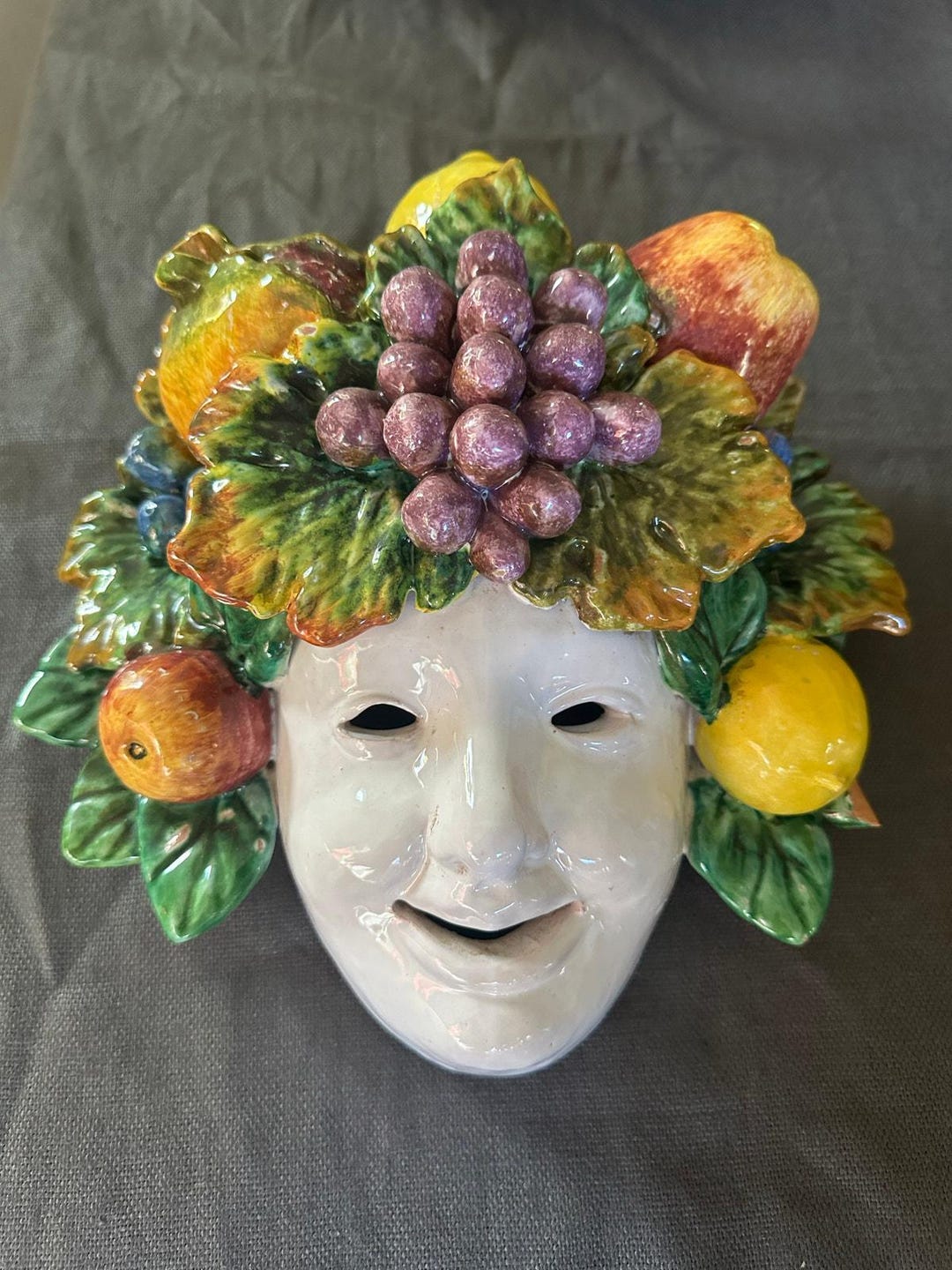 Vintage Italian Bacchus Majolica Pottery Face Mask Wall Fruits Leaves 8 ...