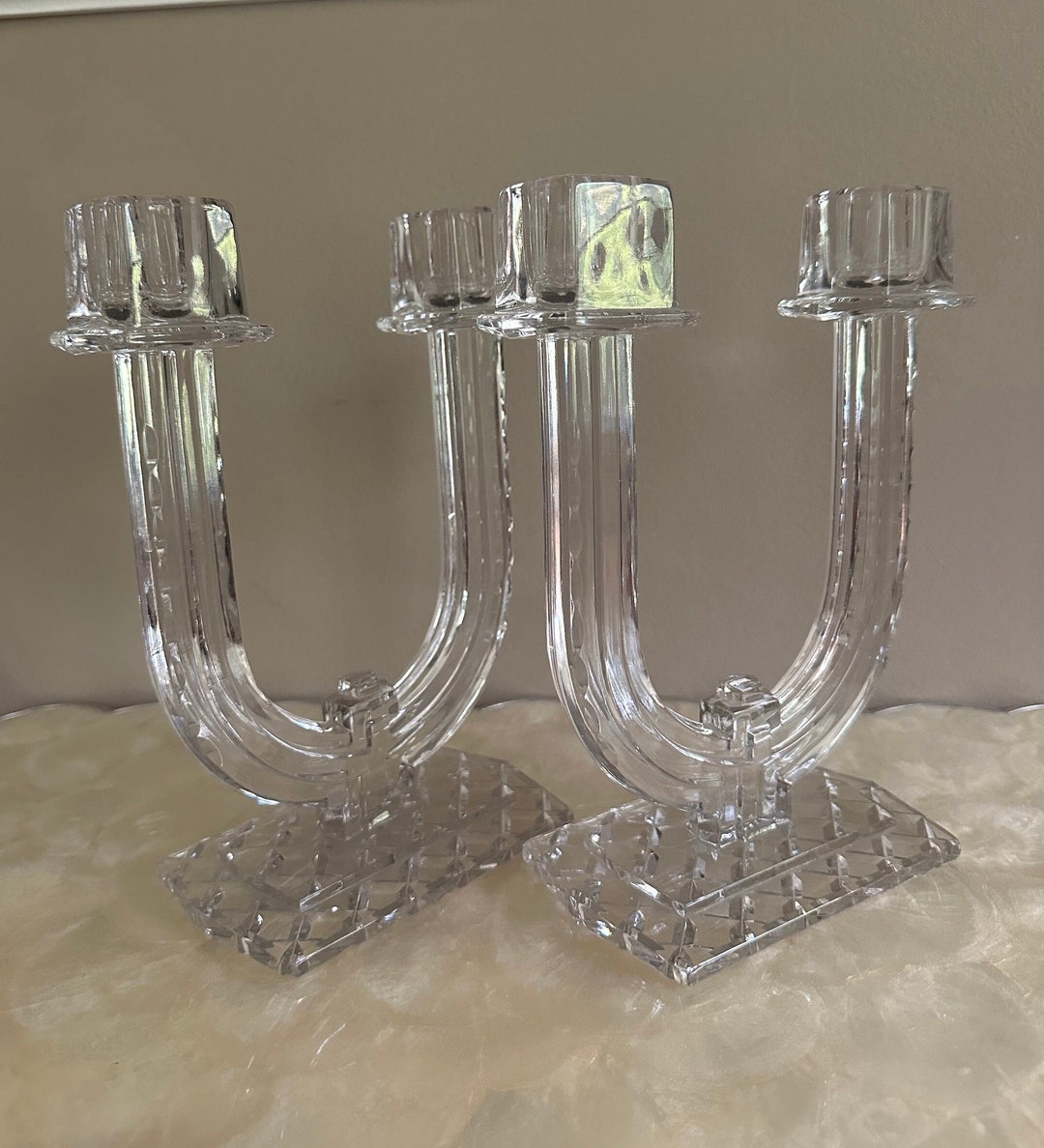 2 Heisey Glass New Era Double Light Candlesticks Art Deco Pair 8x6 ...