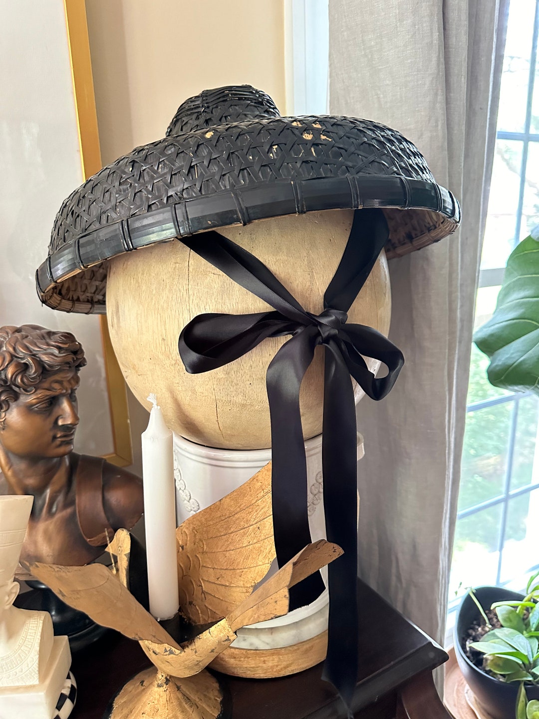 Vintage Asian Conical Hat Black W/ Ribbon Ties Rice Paddy Farmers ...