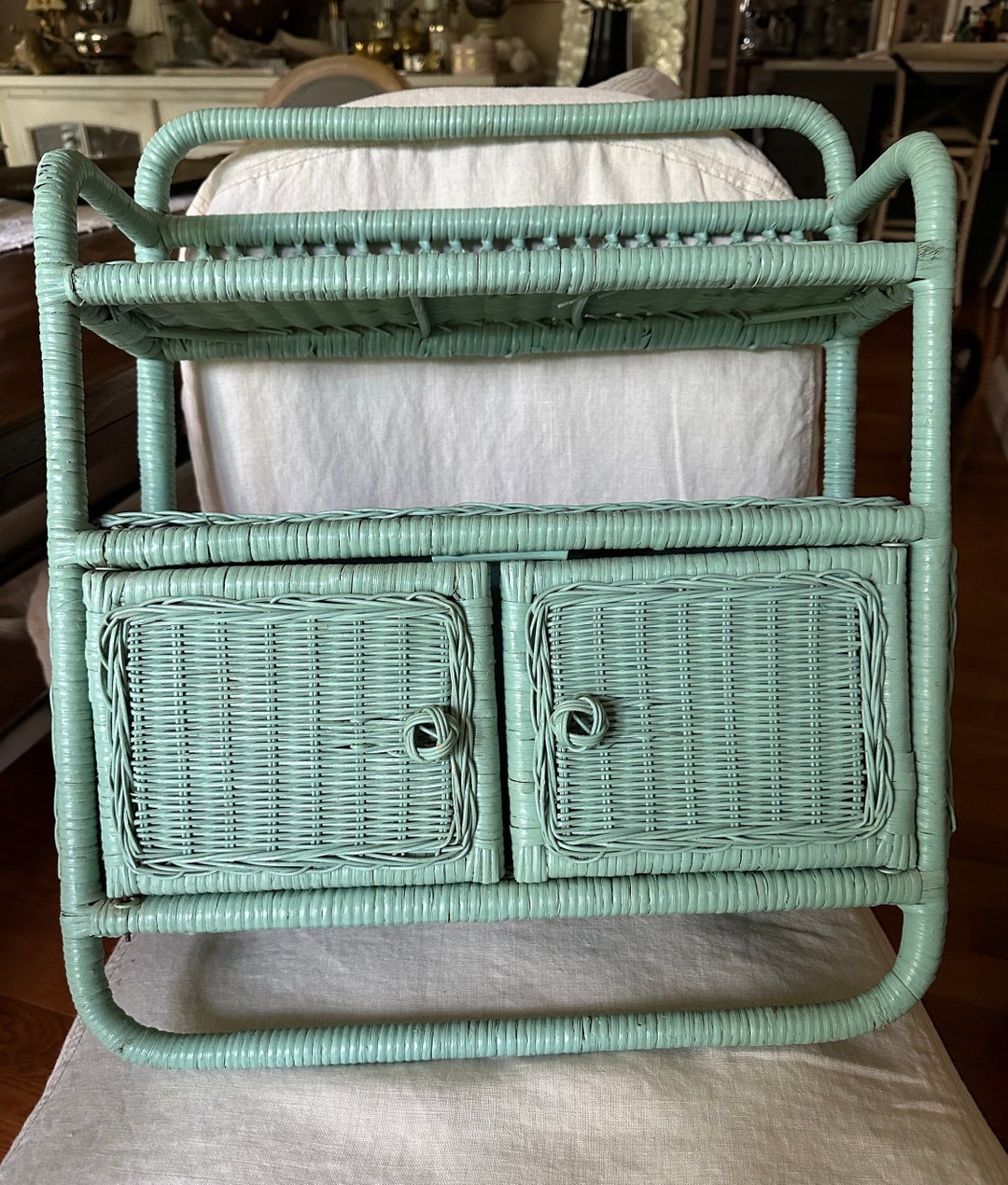 Vintage Wicker Bathroom Cabinet Shelf Rattan Towel Bar Wall Hanging ...