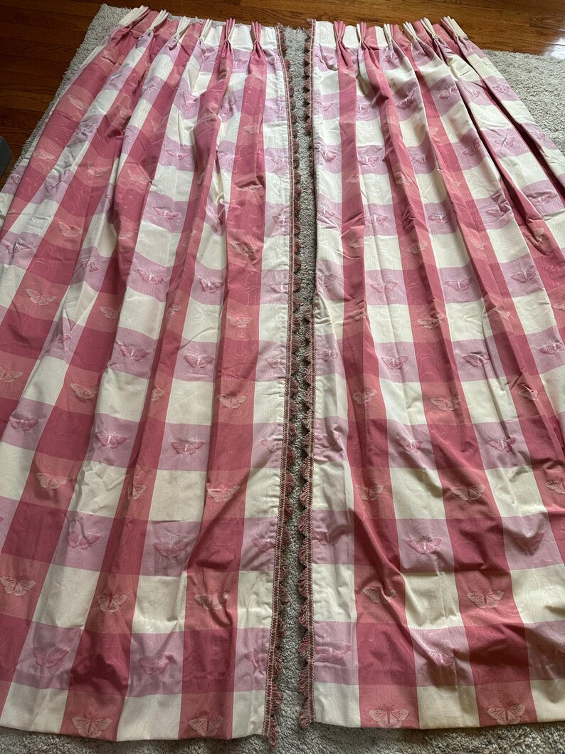 2 Custom Drapes Panels Curtains Lined Plaid Fringed Butterflies Pink ...