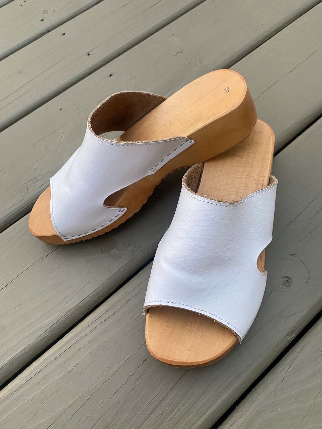Woman’s Sandals Clogs White Leather Wood Soles Sz 9, 9.5 Eu 40 ...