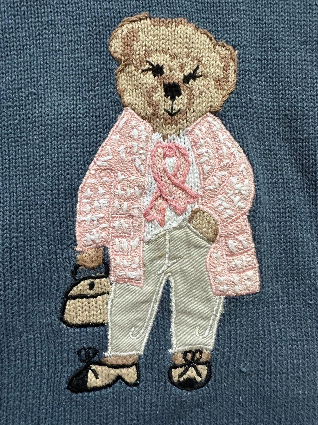 Lauren Hansen Sweater Teddy Bear Girl Pink Blue Vintage Breast Cancer ...