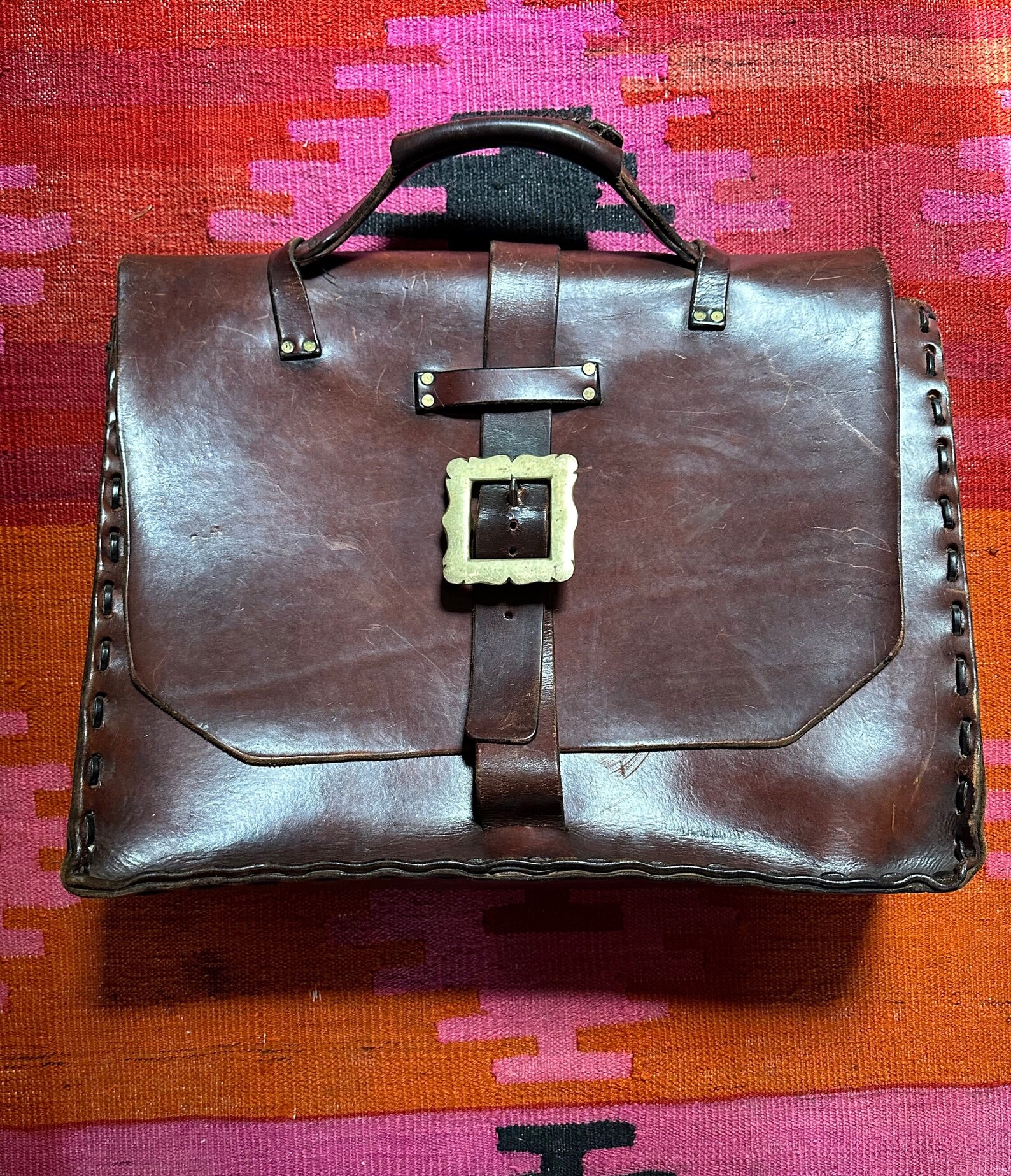 Vintage Saddle Leather Mens Briefcase BERMANS BAG Old Rare Sturdy 18x13 ...