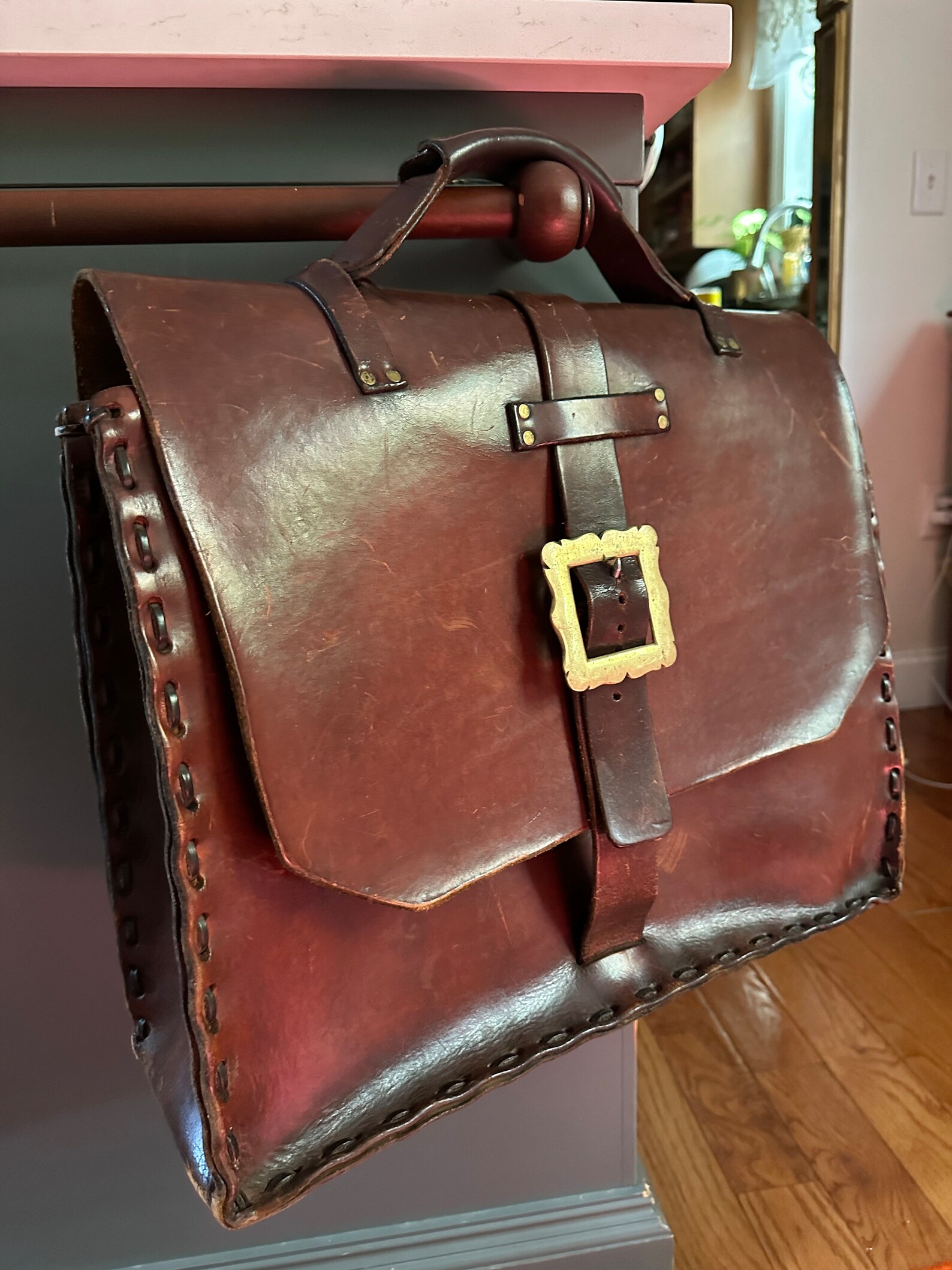 Vintage Saddle Leather Mens Briefcase BERMANS BAG Old Rare Sturdy 18x13 ...