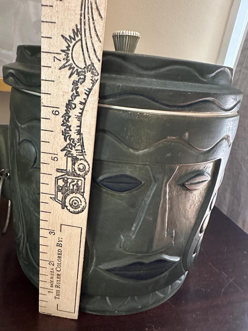 Vintage Ceramic Tiki Ice Bucket Jar Carved Face Aztec Olive Green Rare ...