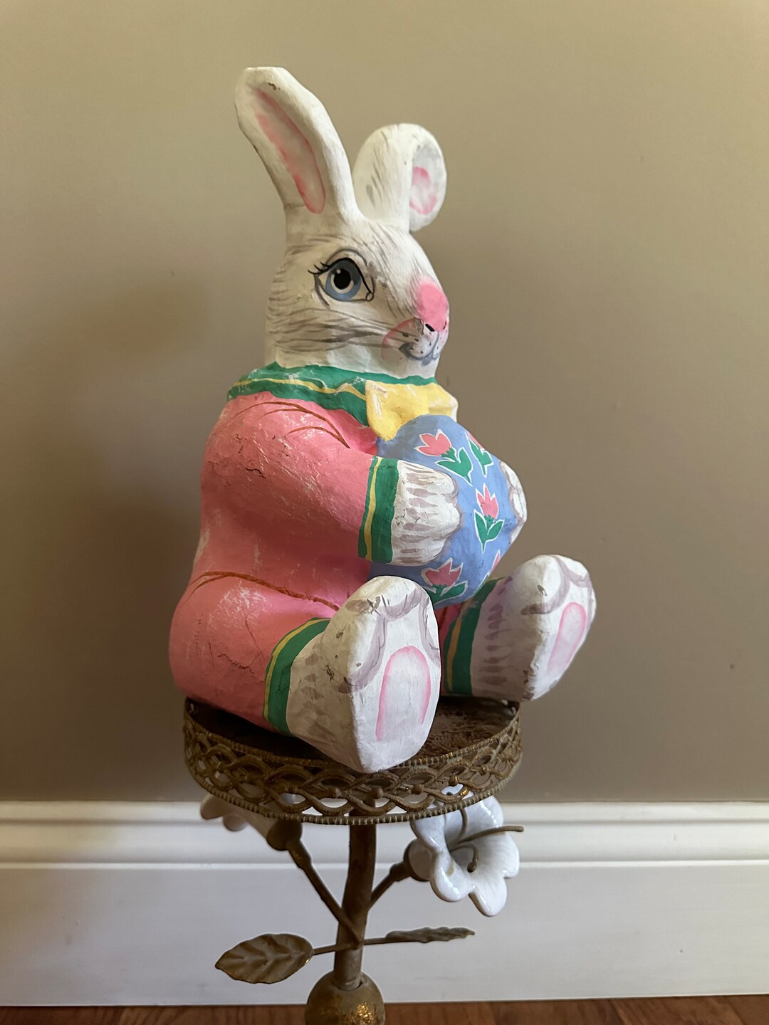 Vintage Paper Mache Easter Bunny Spring Decor Rabbit Pink Holding Egg ...