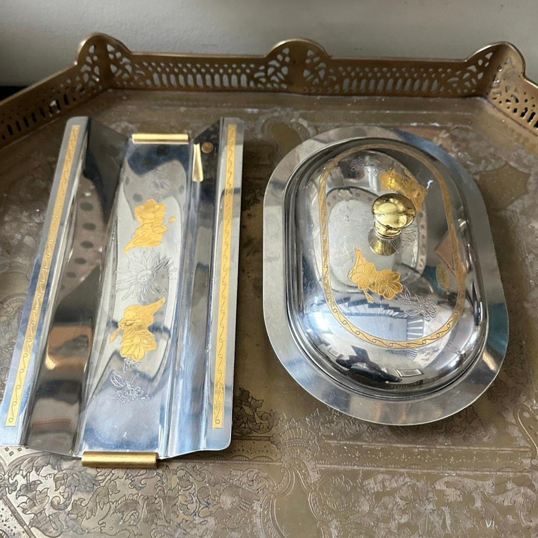 MCM Stainless Steel Lidded Butter Dish Caviar Cake Tray Set Gold Floral ...
