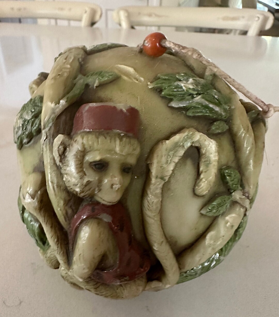 Vintage Monkey Candle Unburned Round Chinoiserie Green 5” Palm Leaves ...