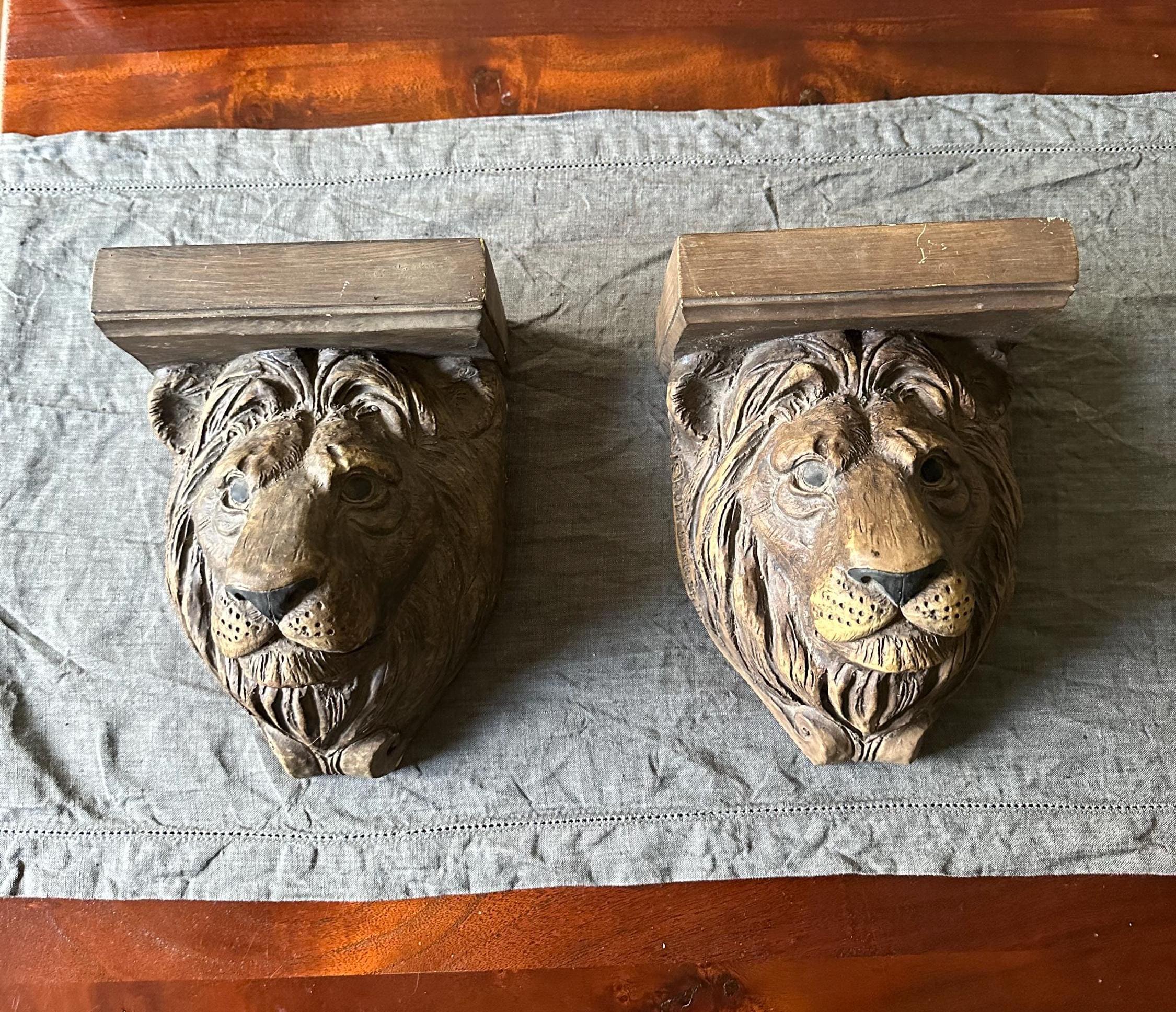 Telle M. Stein 2 Lion Heads Resin Wall Shelves Brackets Sconce Bust ...