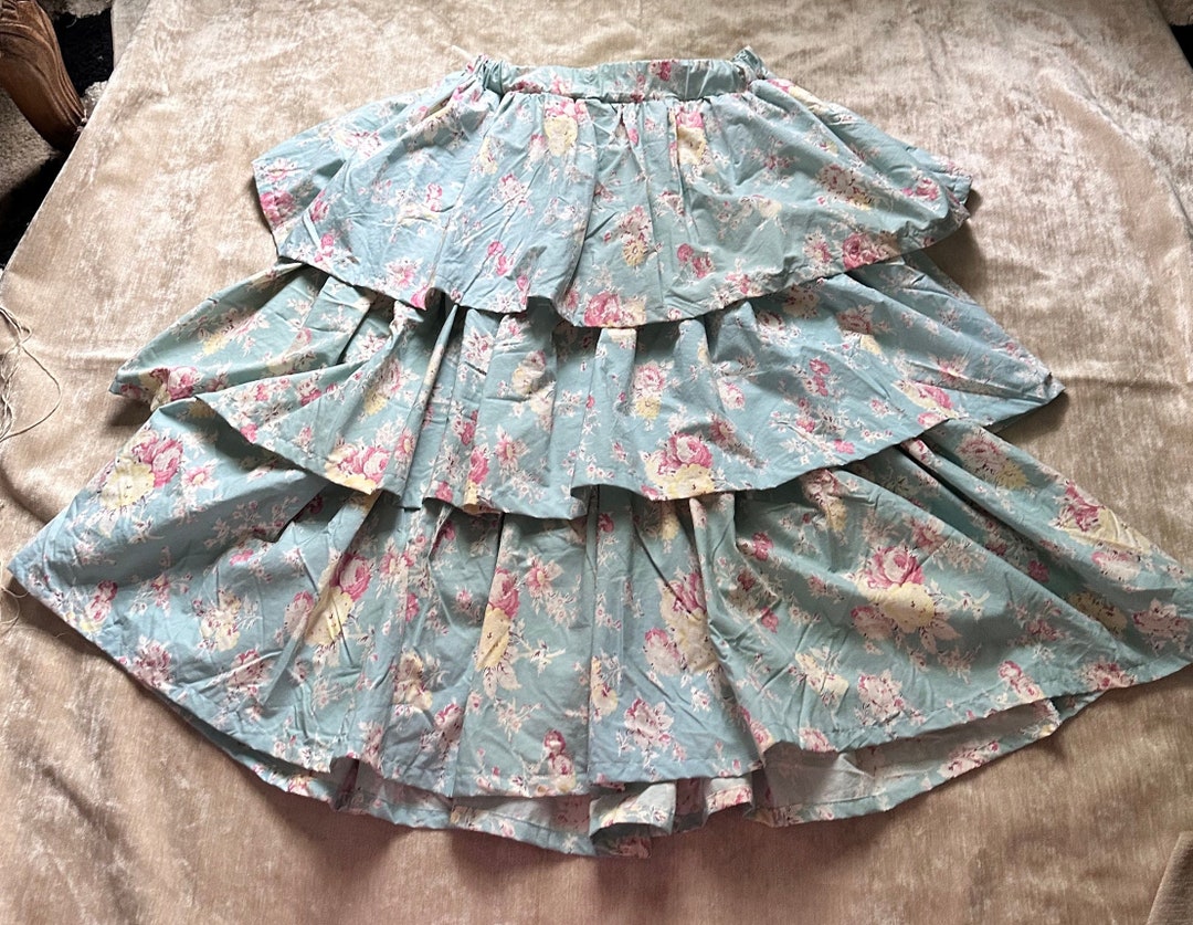 Ruffled Layered Skirt Three Layers Blue Pink Floral Cotton Long Unique ...