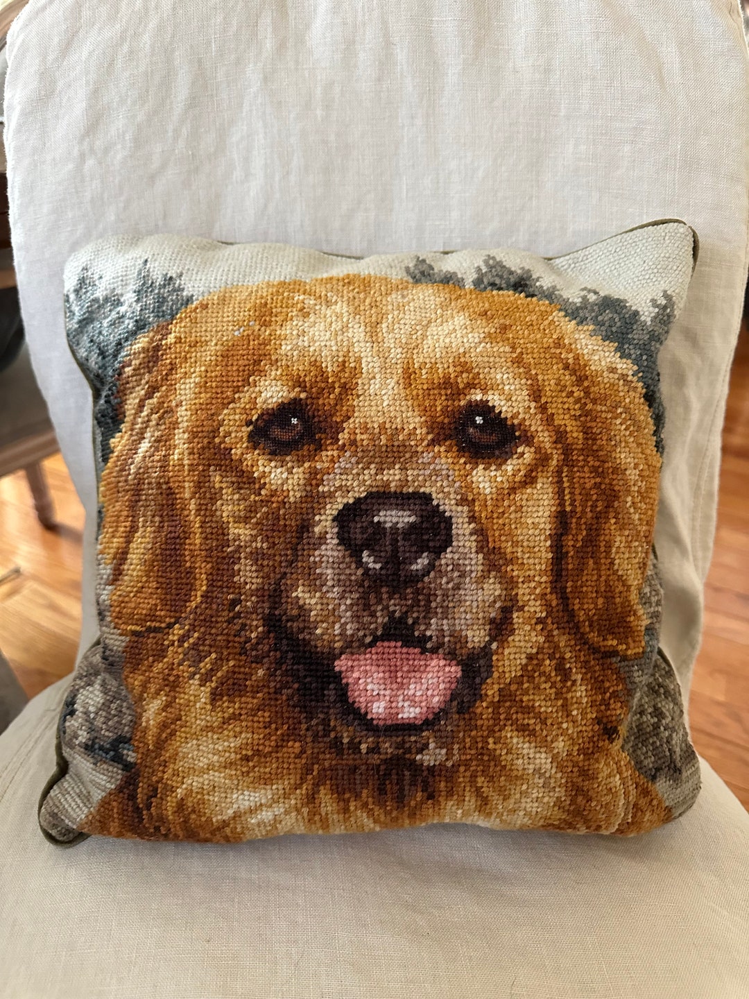 Wool Needlepoint Yellow Labrador Dog Throw Pillow Olive Green Velvet ...
