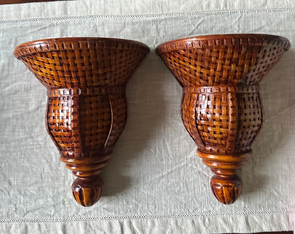Vintage Wicker Wood Wall Sconces Rattan Display Shelves Set of 2 Pair ...