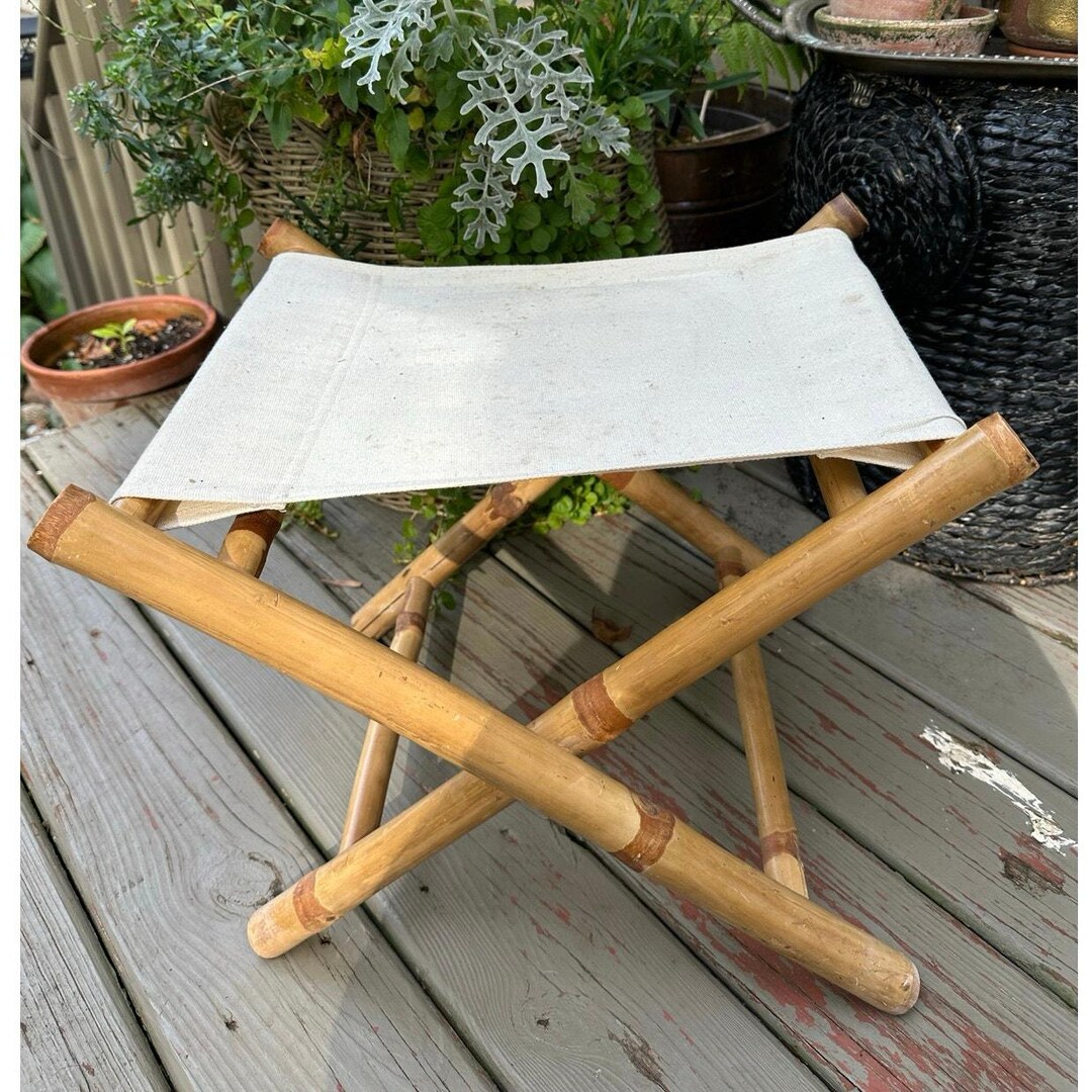 Vintage Bamboo Camping Stool Folding Canvas Seat Portable Fishing ...