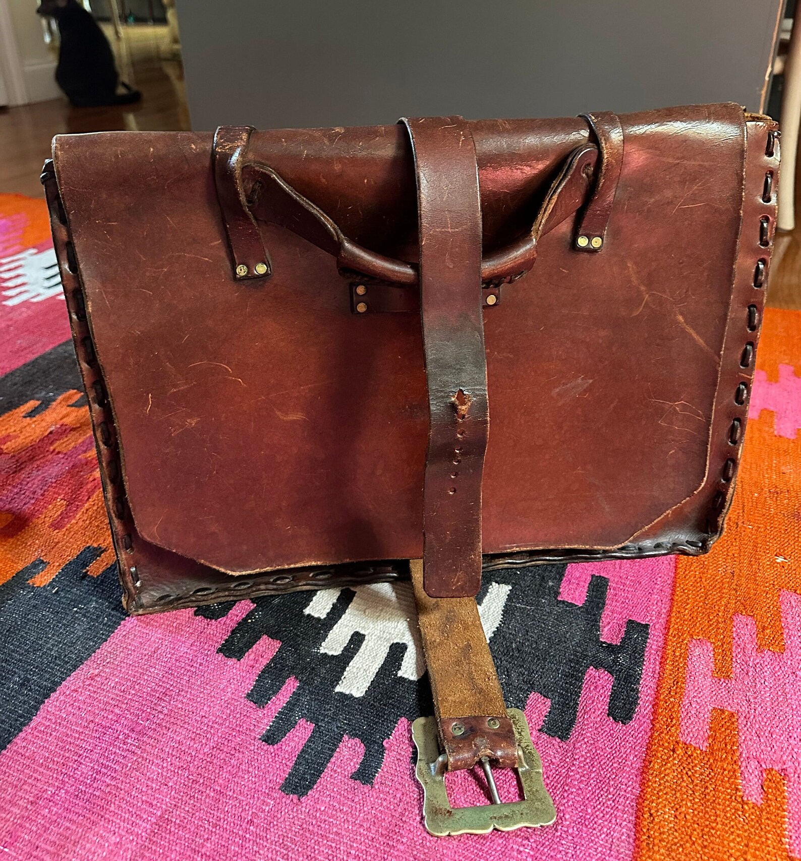 Vintage Saddle Leather Mens Briefcase BERMANS BAG Old Rare Sturdy 18x13 ...
