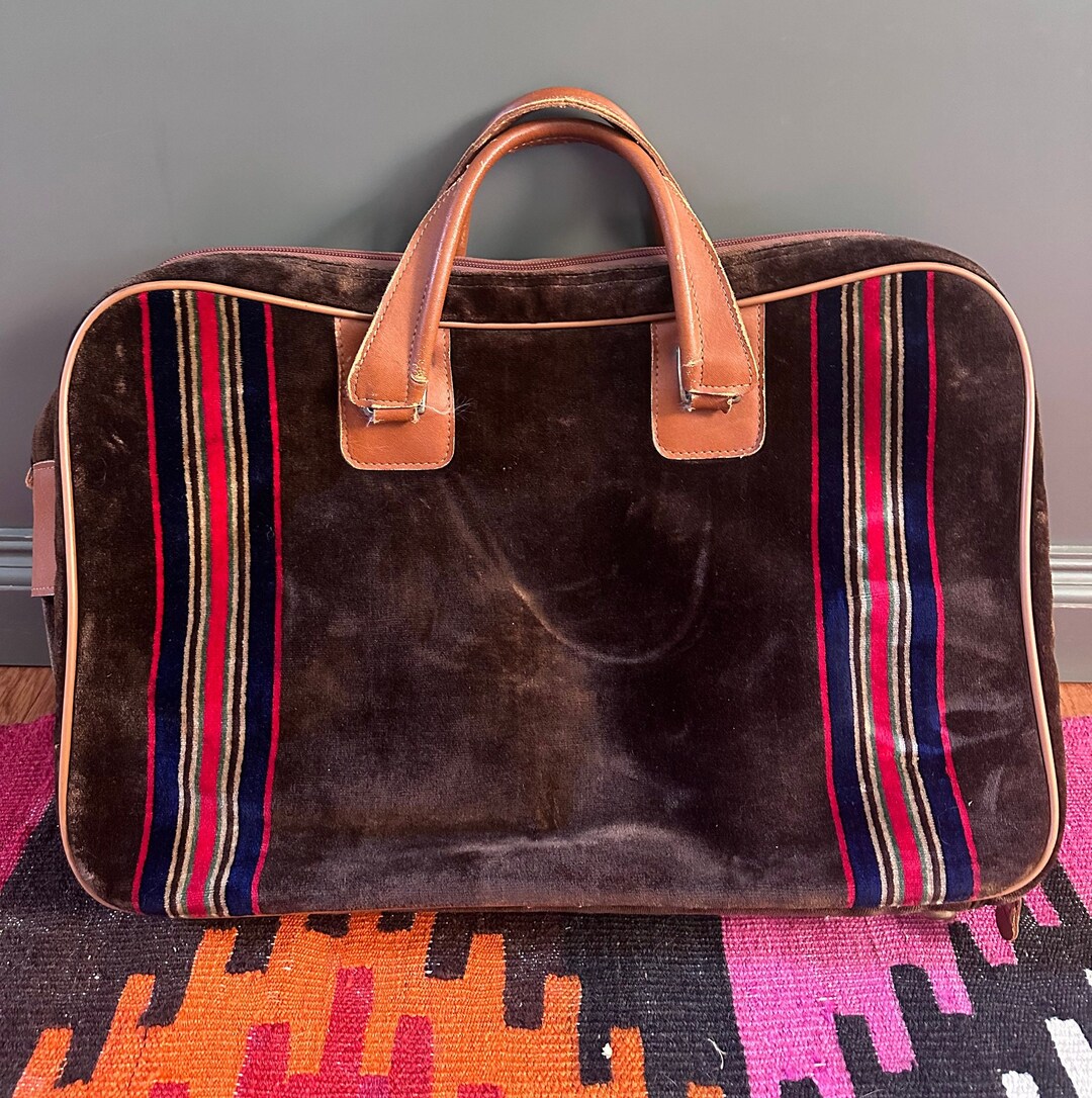 Vintage Velvet Weekend Bag Carry on Luggage Leather Handles Brown ...