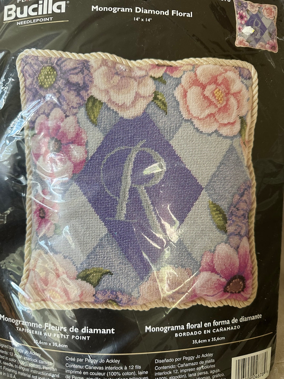 Bucilla Needlepoint Peggy Jo Ackley Monogram Diamond Floral Pillow ...