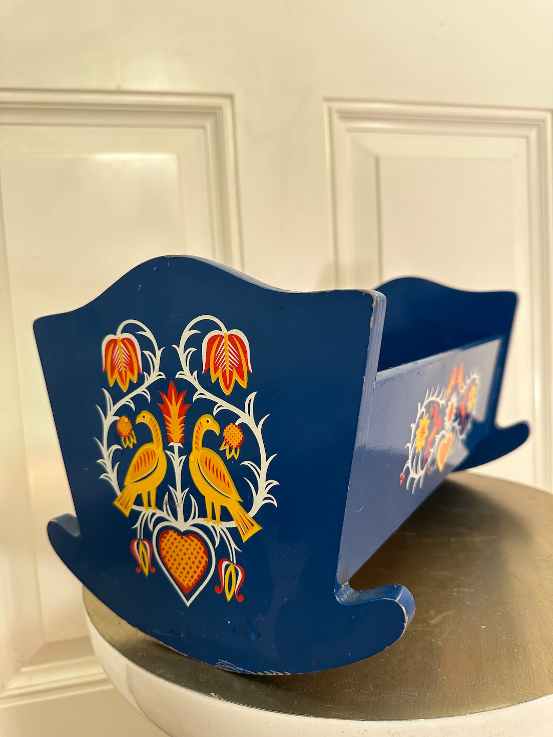 Vintage Haba Doll Rocking Bed Painted Wood Blue Rosemaling Design ...