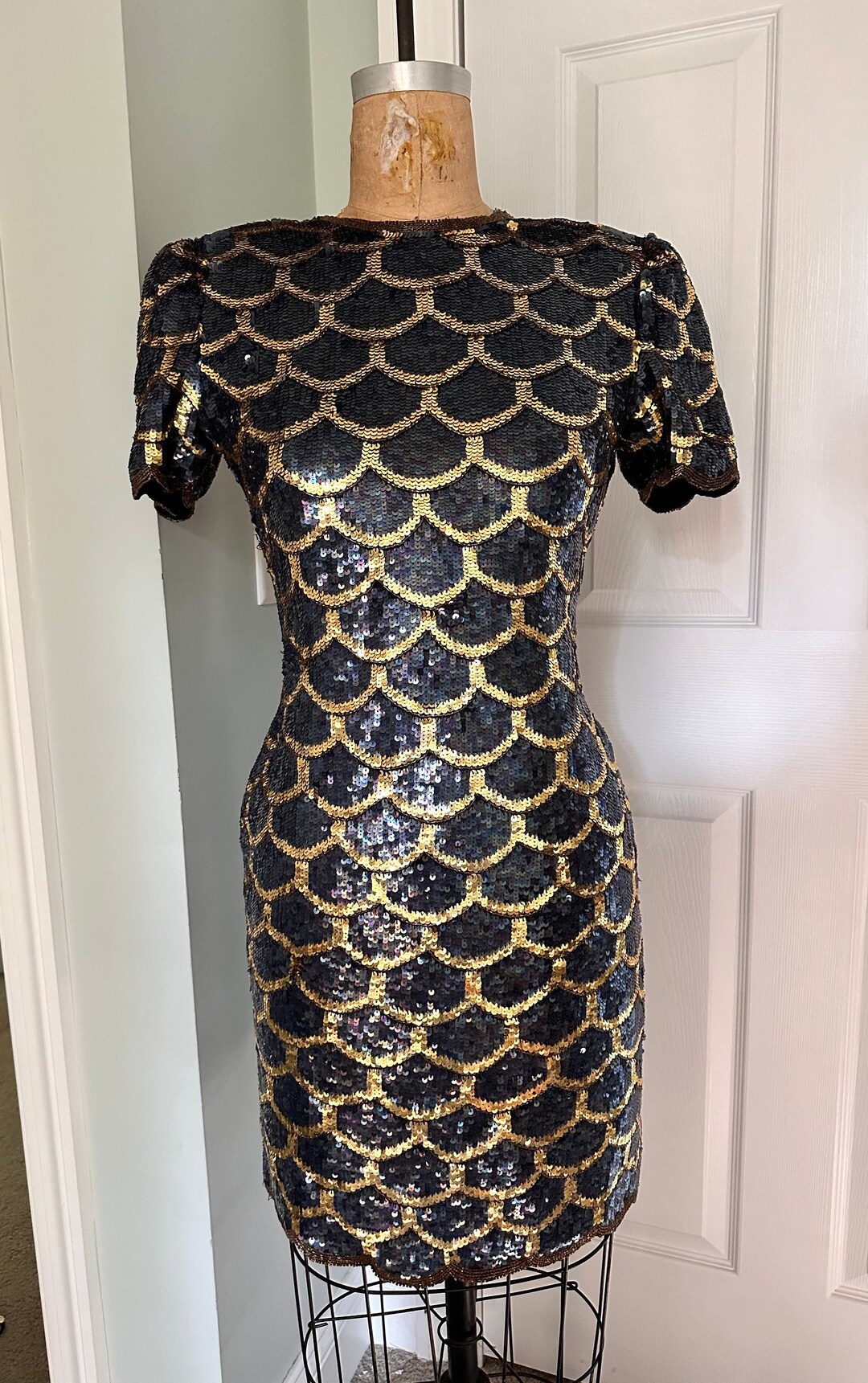 Vintage Laurence Kazan Sequined Fish Scale Dress, Dark Navy Blue Gold ...