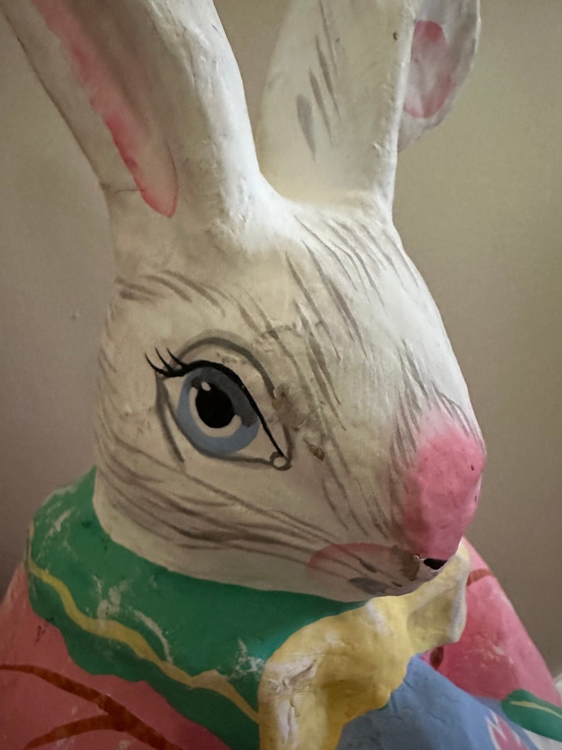 Vintage Paper Mache Easter Bunny Spring Decor Rabbit Pink Holding Egg ...
