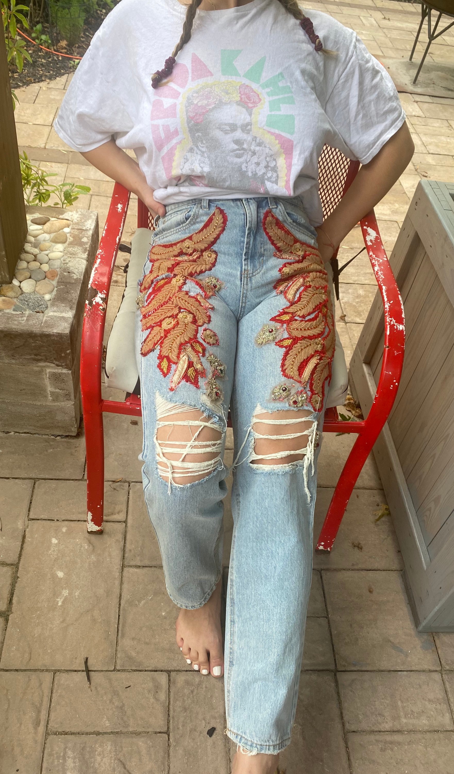 Reworked Jeans Red Gold Embroidery Dressy Boho Hippie Statement One of ...