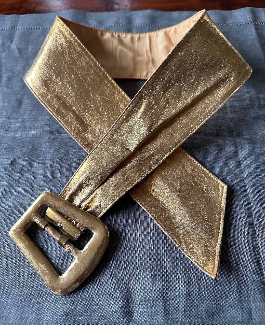 Vintage Dressy Gold Fabric Belt Leather Buckle Sz S-26 Hollywood Glam ...