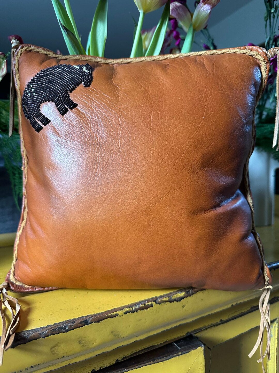 Vintage Leather Fringe Hand Beaded Native Western Pillow Fringe Tassels ...