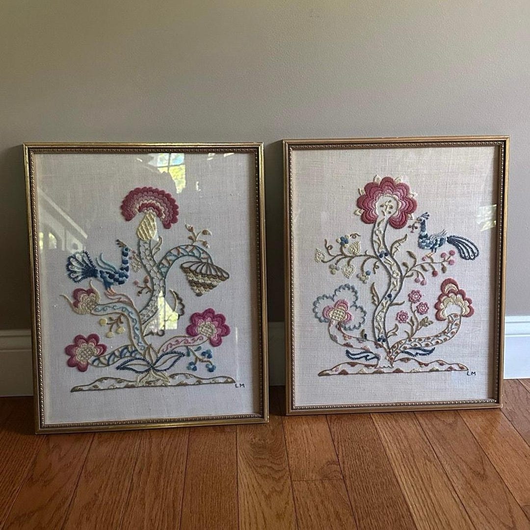 Set of Two Crewel Embroidery Framed Vintage Pictures Floral Birds Pair ...