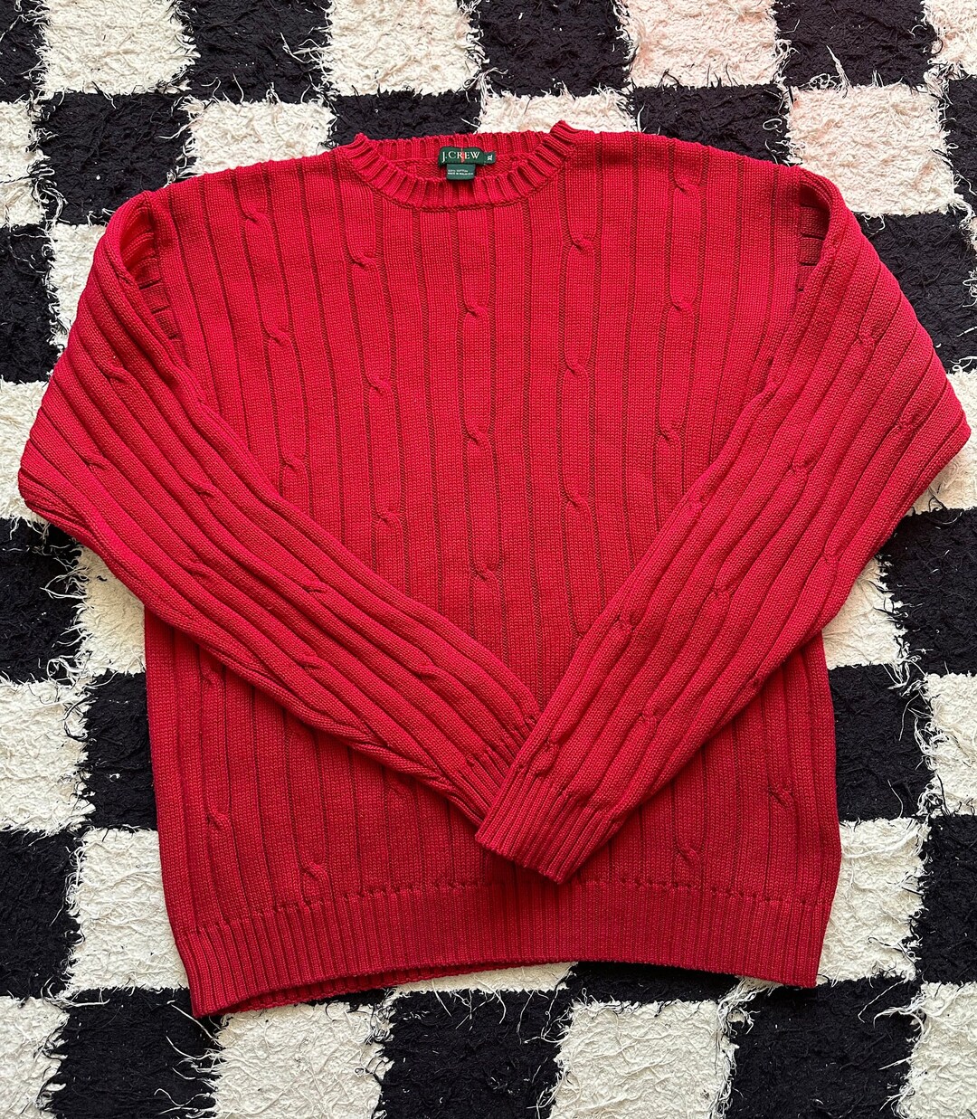 Vintage J. CREW Cable Knit Sweater 100% Cotton Red XL Men Crew Pullover ...