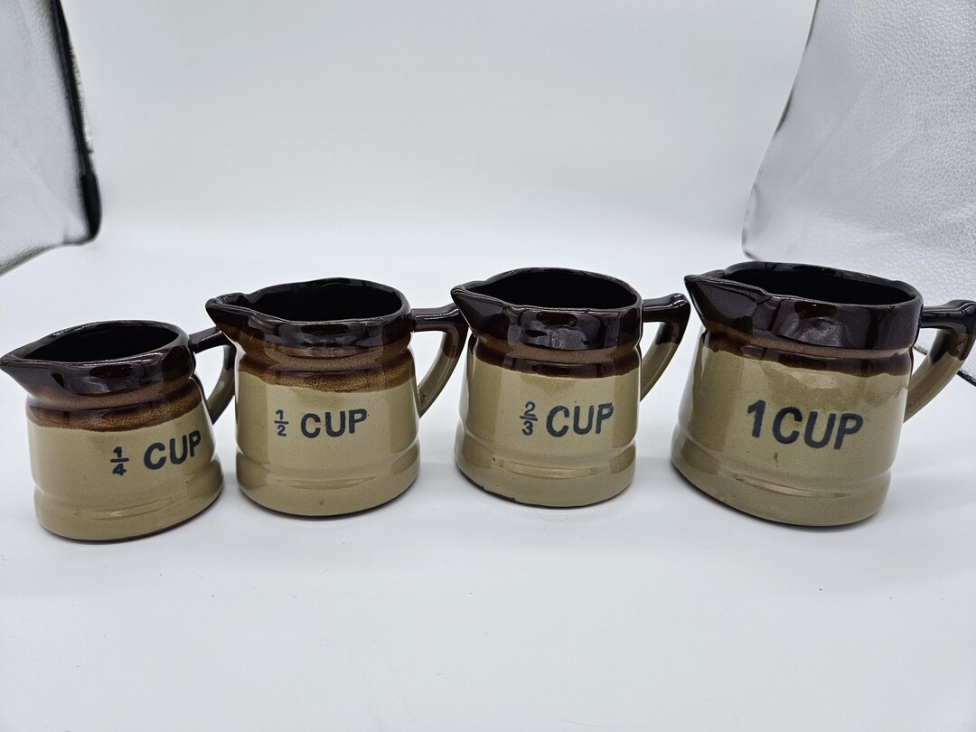 Vintage Brown & Tan Glazed Stoneware Pitcher Style Measuring Cups Set ...