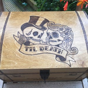 Personalised Wedding Card Box, Rockabilly Wooden Chest Forever Skulls ...