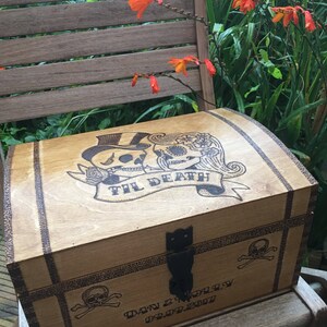 Personalised Wedding Card Box, Rockabilly Wooden Chest Forever Skulls ...