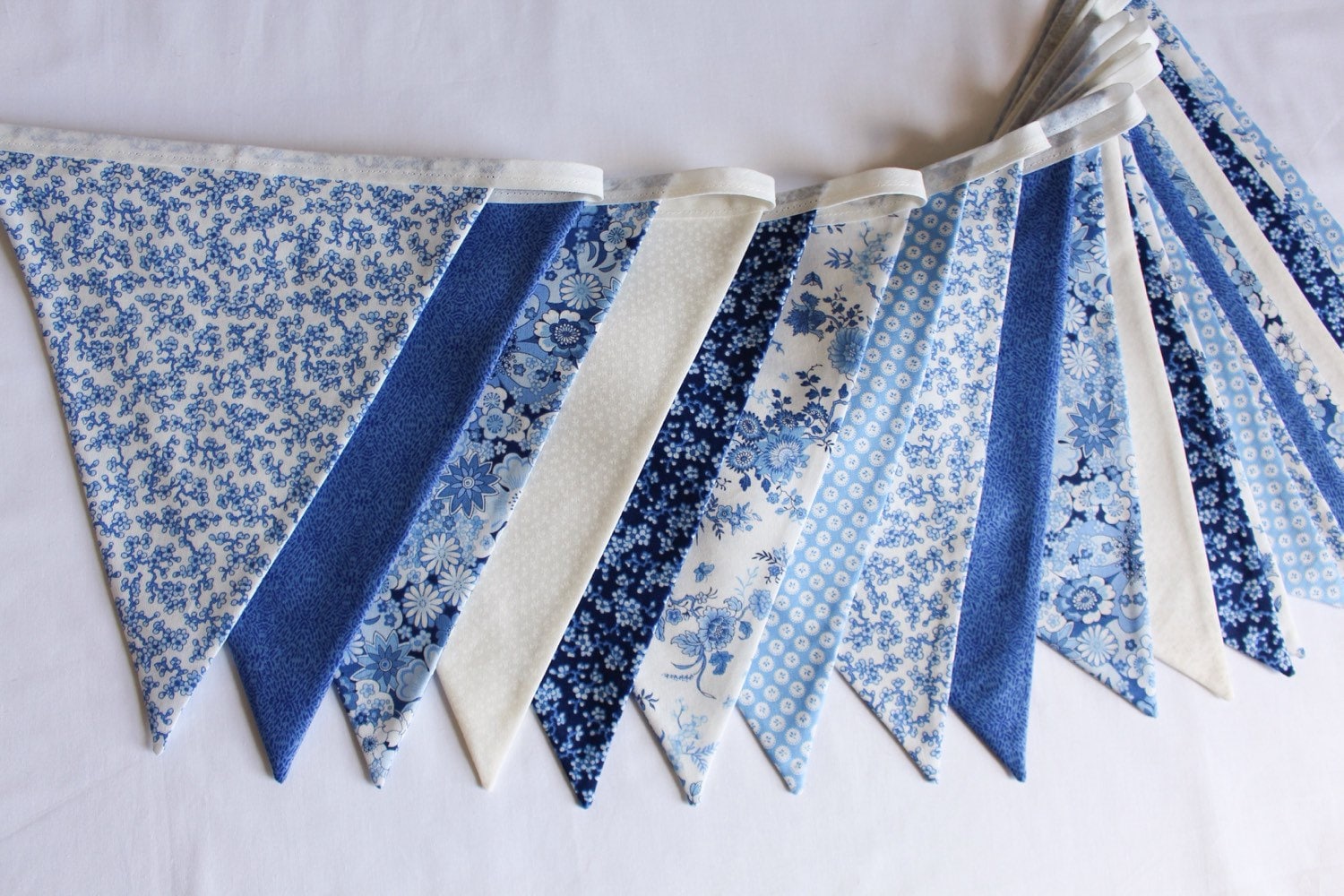 Floral Blue Bunting for Hire, White and Cream Fabric Flags, Blue ...