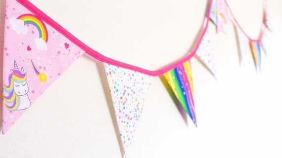 Unicorn & Rainbow Bunting Bright Pink Girl's Fabric | Etsy UK