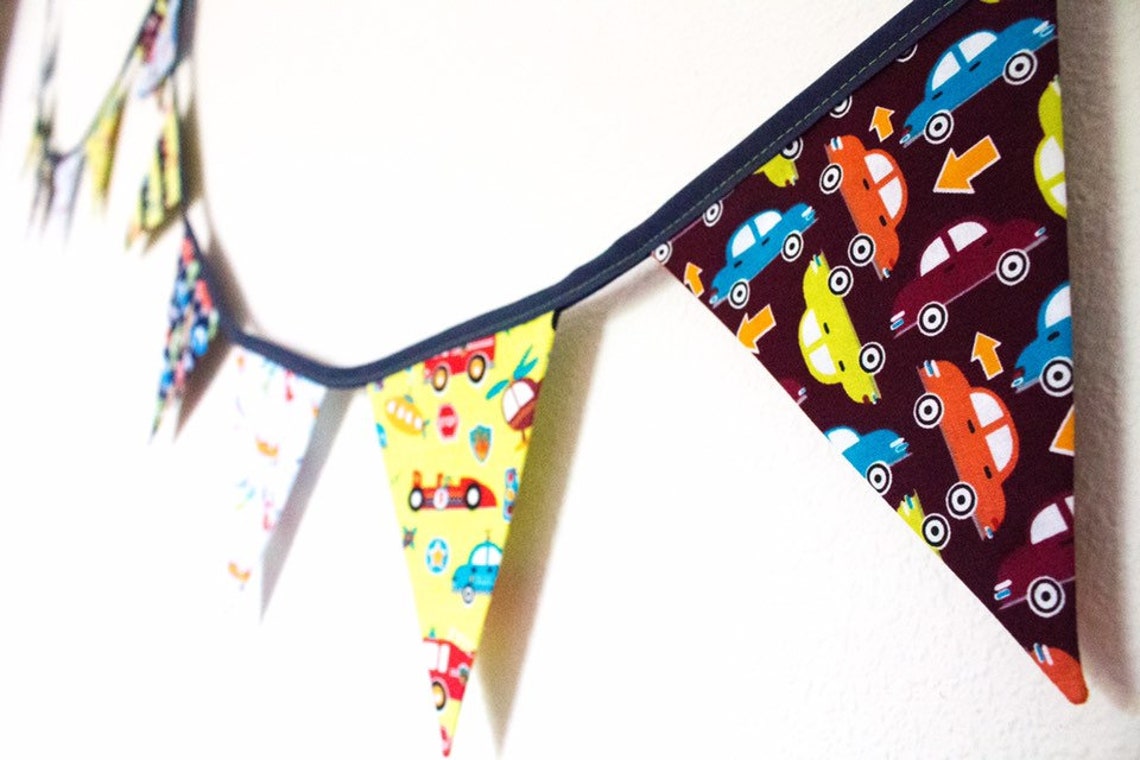 Vehicle Themed Bunting, Racing Cars Trucks Fabric Flags, Fire Engine ...