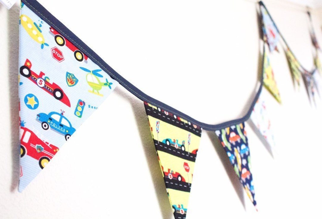Vehicle Themed Bunting, Racing Cars Trucks Fabric Flags, Fire Engine ...